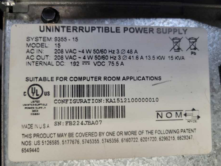 Eaton 9355 15kVA/13.5kW 208V 3 Phase 64-Battery (3 High) UPS / KA15121 ...