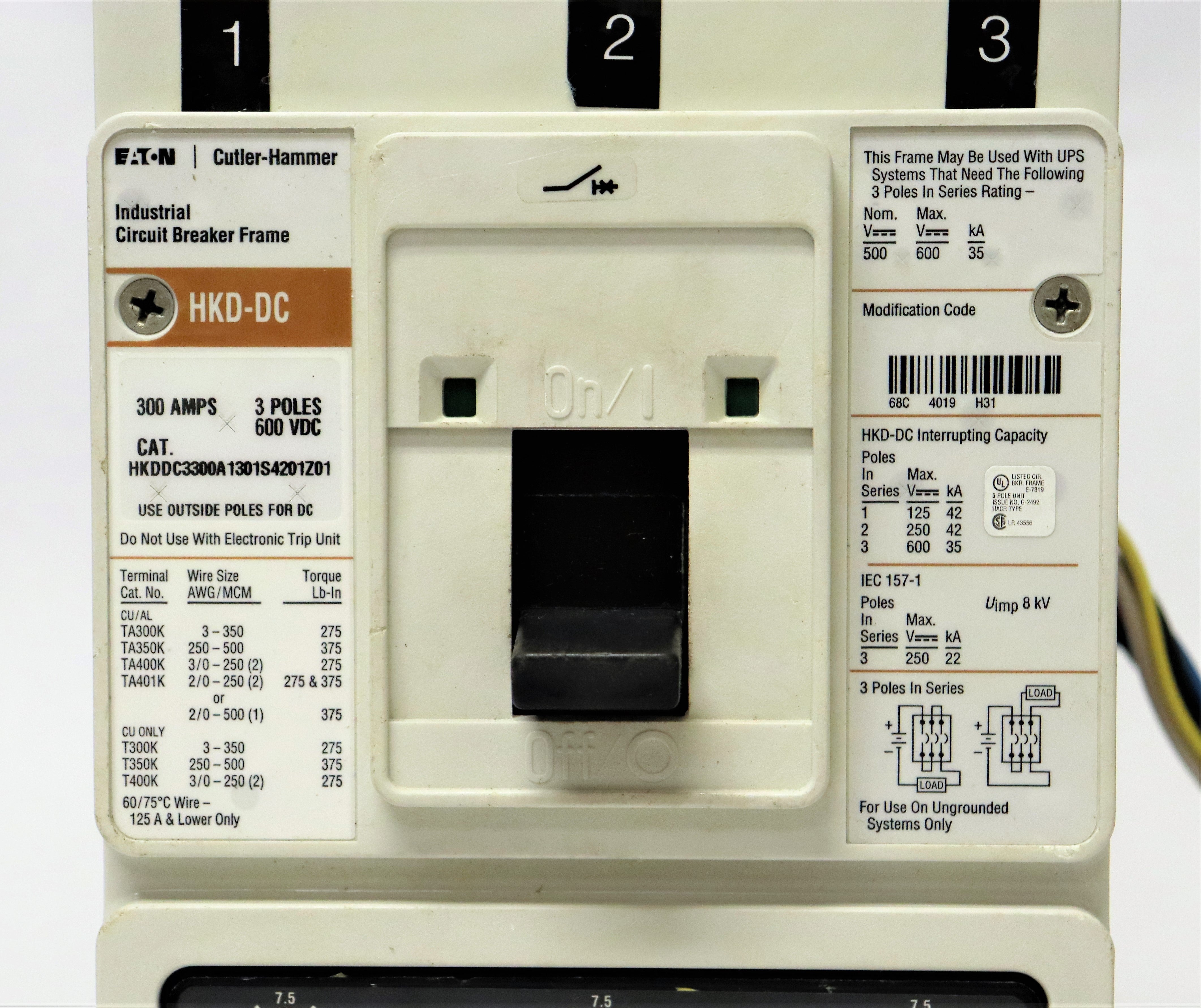 Eaton Cutler Hammer HKD-DC 3 Pole 600VDC 300A Circuit Breaker ...