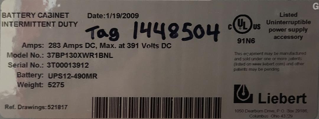 Liebert NPOWER Battery Cabinet 391VDC 283 Amps (37BP130XWR1BNL ...