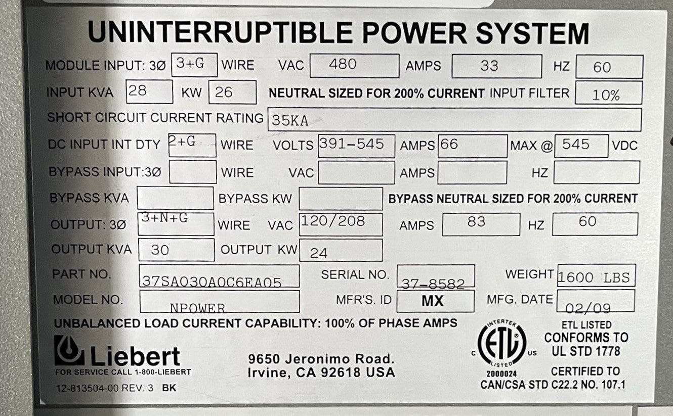 Liebert NPOWER 30kVA 480VAC 3 Phase UPS System (37SA030A0C6EA05 ...