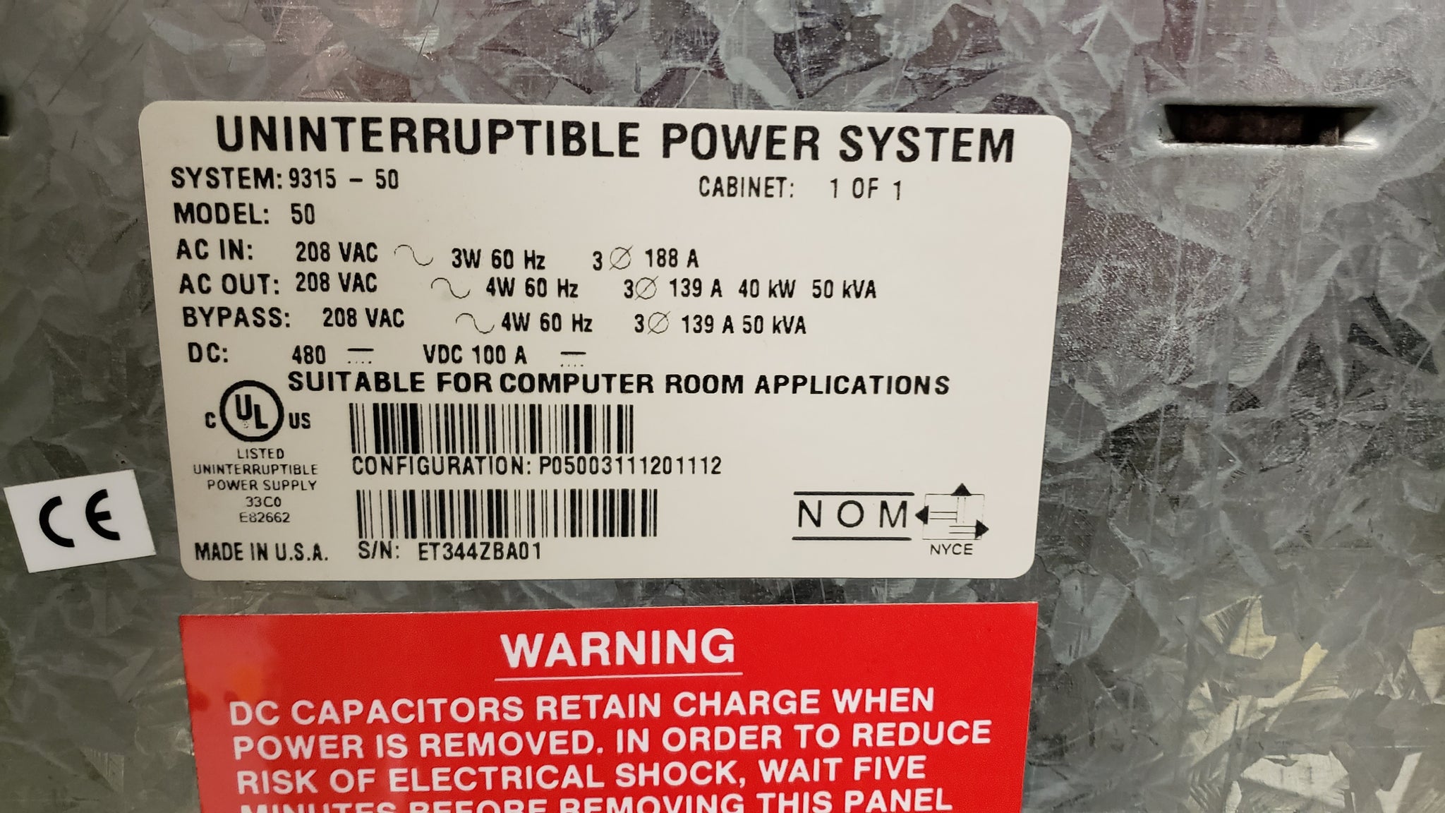 Powerware 9315-50 50kVA / 40kW 208Vx208V 3-Phase UPS Battery Backup ...