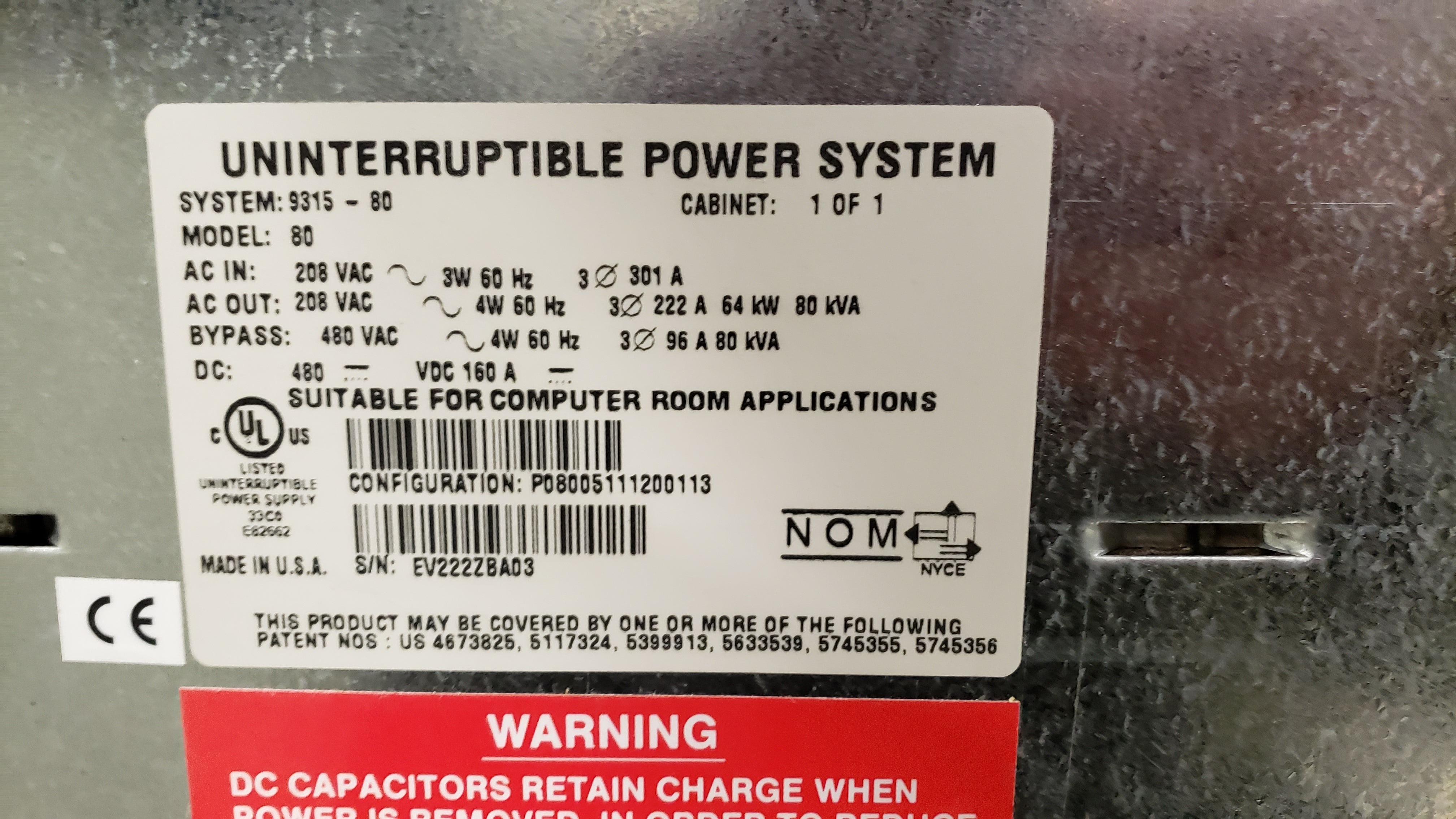 Powerware 9315-80 80kVA / 64kW 208Vx208V 3-Phase UPS Battery Backup ...