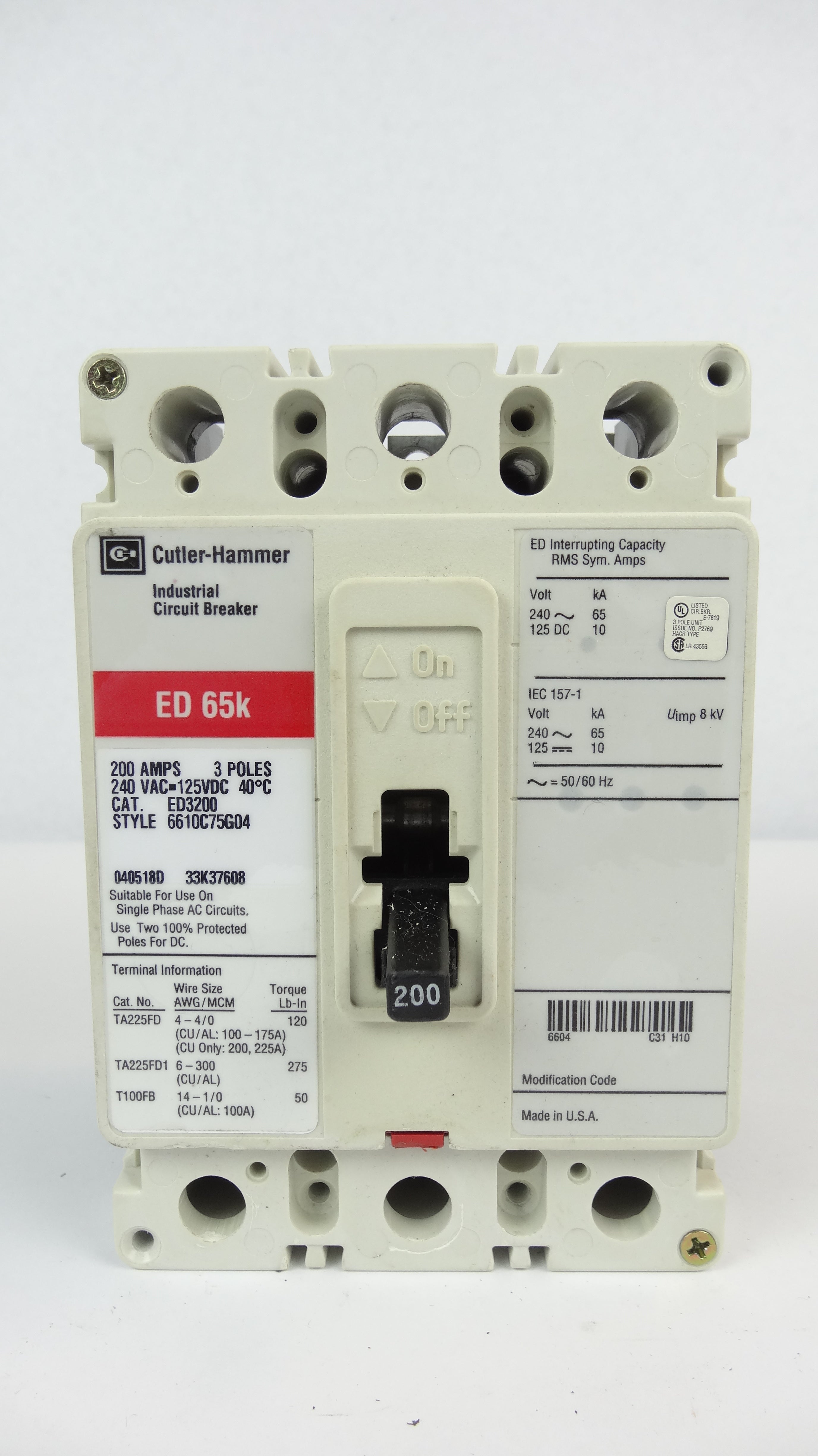 Cutler-Hammer ED 65K ED3200 6610C75G04 200A 3-Pole Circuit Breaker ...