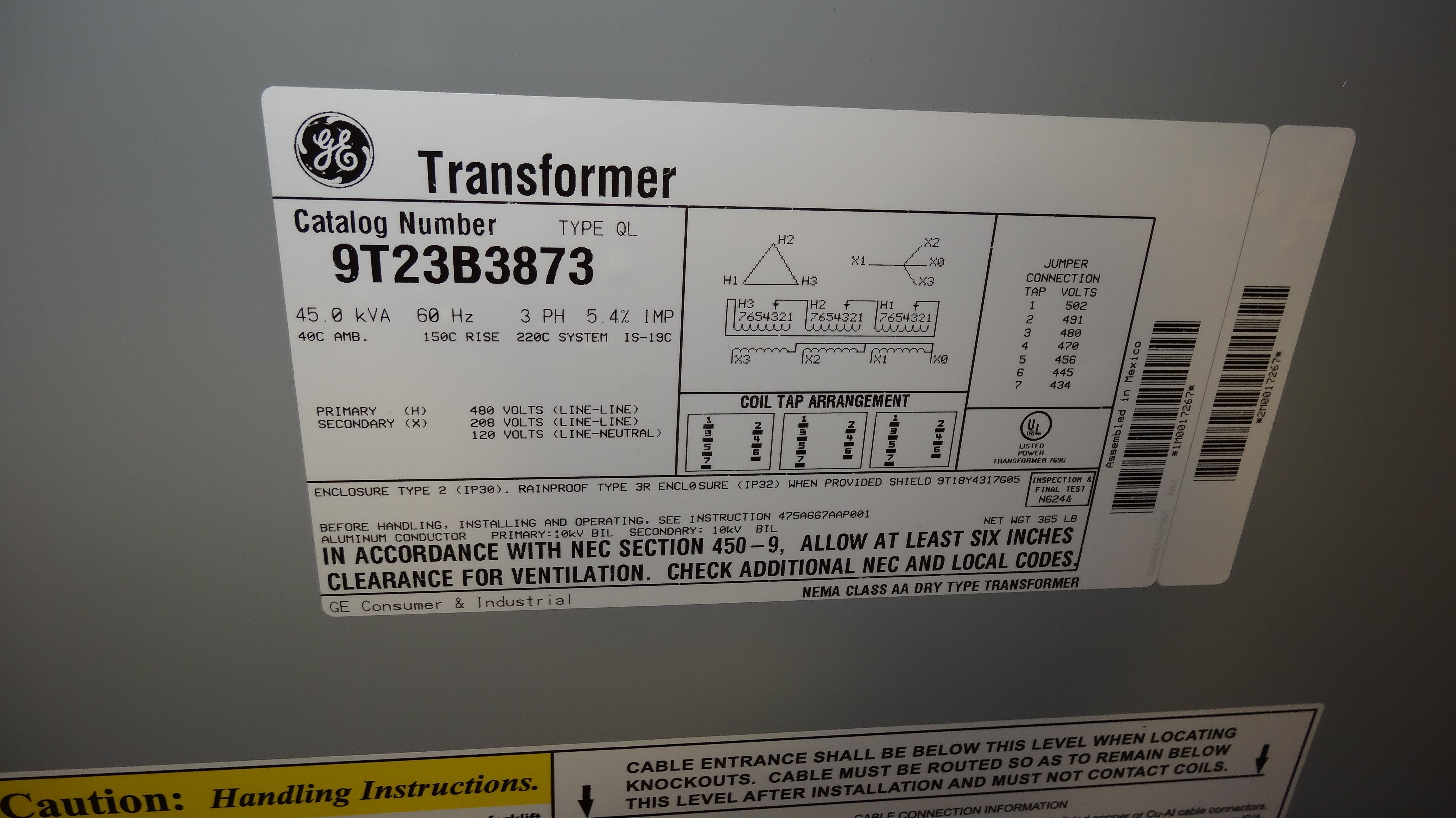 GE 9T23B3873 480V-208Y/120V 30kVA 3-Phase 45kVA Step Down Transformer ...